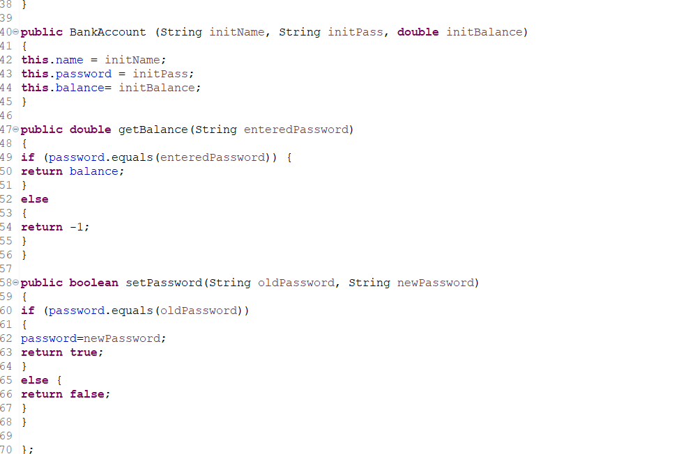 Solved public BankAccount (String initName, String initPass, | Chegg.com