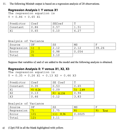 Solved 11. The following Minitab output is based on a | Chegg.com