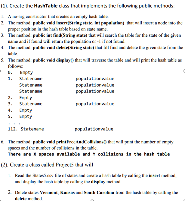 Using Java create a class that implements a HashTable | Chegg.com
