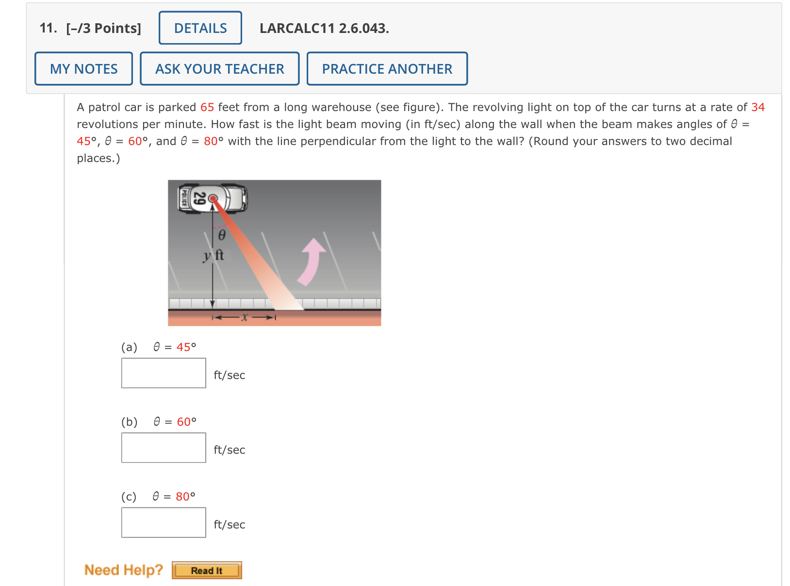 Solved A patrol car is parked 65 feet from a long warehouse | Chegg.com