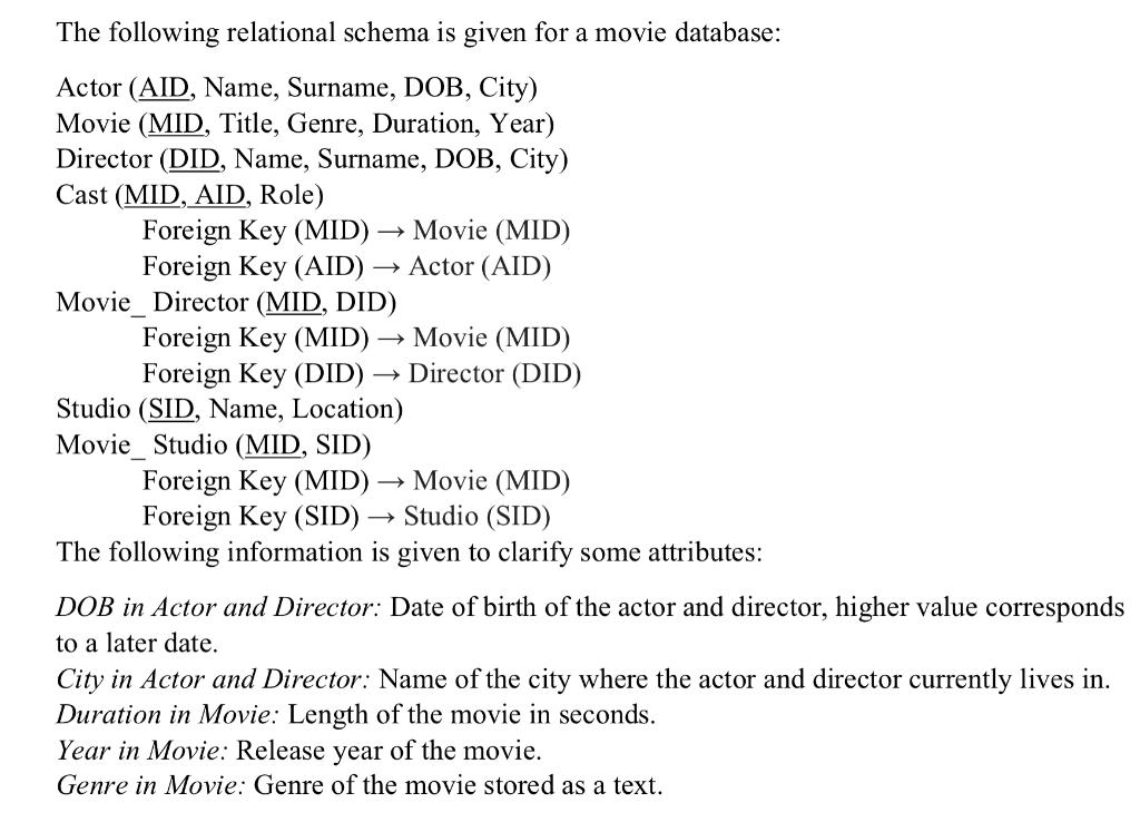 Solved The following relational schema is given for a movie | Chegg.com