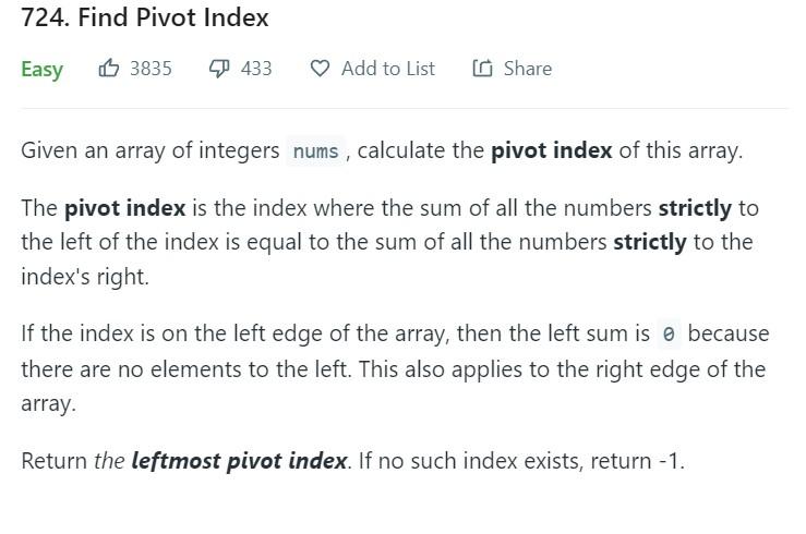 Solved 724. Find Pivot Index Easy 3835 433 Add to List Share | Chegg.com