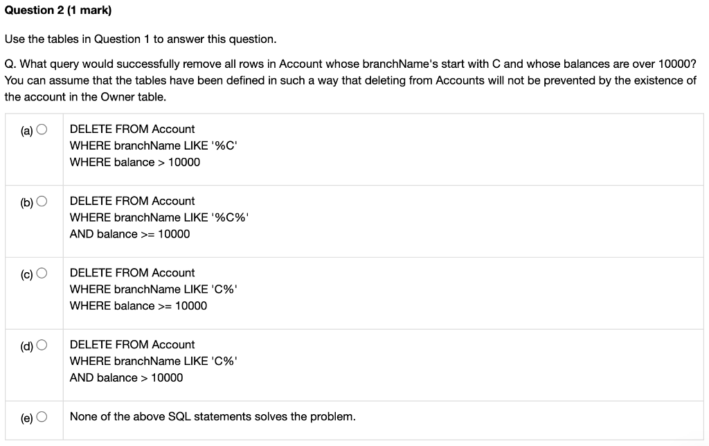 Solved Question 1 (1 mark) Use the following tables to | Chegg.com