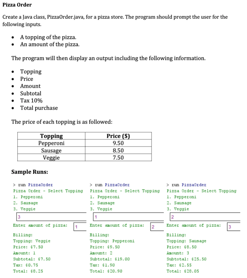 Solved Pizza Order Create a Java class, PizzaOrder.java, for | Chegg.com