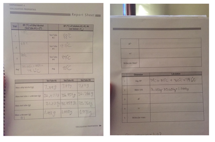 Solved COLLIGATIVE PROPERTIES Report Sheet n BP (C of Ethryl | Chegg.com