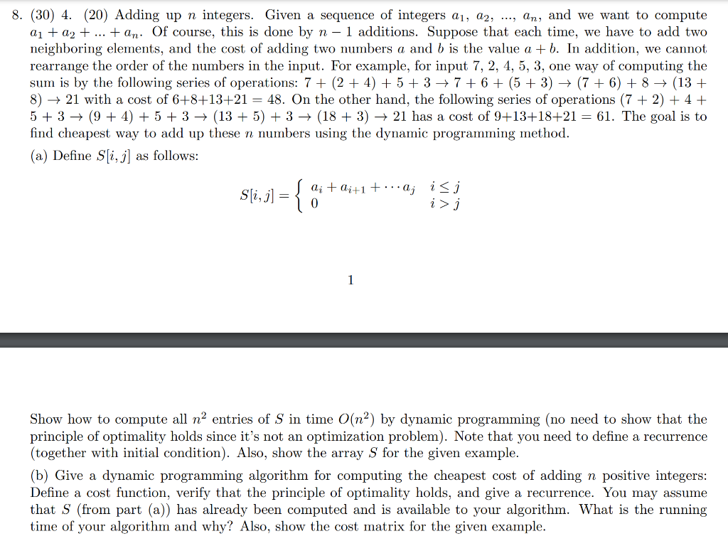 Solved 8. (30) 4. (20) Adding up n integers. Given a | Chegg.com