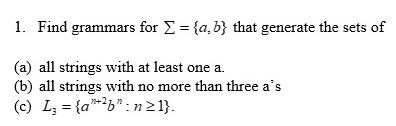Solved 1. Find grammars for ∑={a,b} that generate the sets | Chegg.com