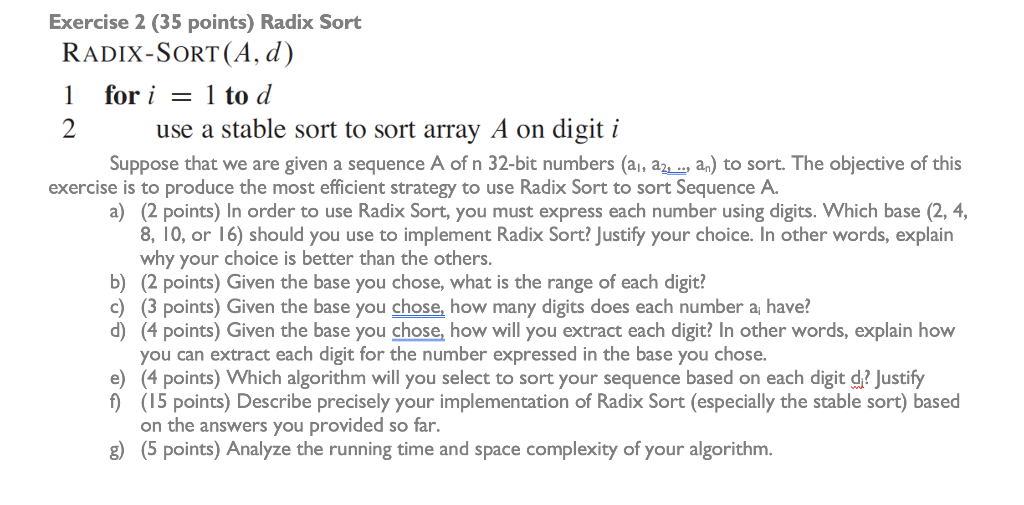 Solved Exercise 2 (35 points) Radix Sort RADIX-SORT(A, d) 1 | Chegg.com
