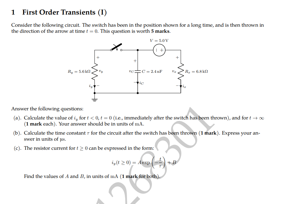 Solved 1 ﻿First Order Transients (I)Consider the following | Chegg.com