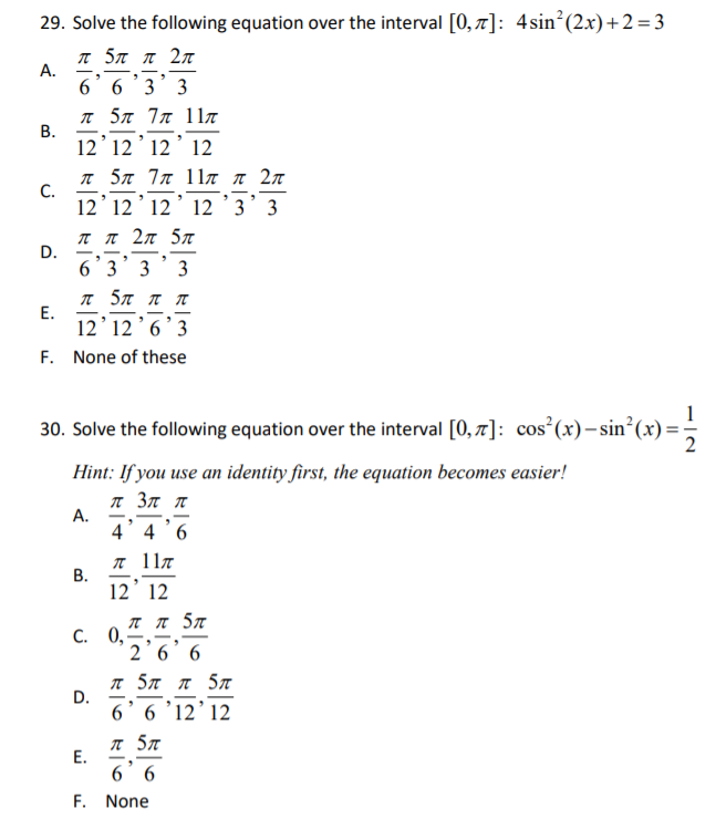 Solved 29. Solve the following equation over the interval | Chegg.com