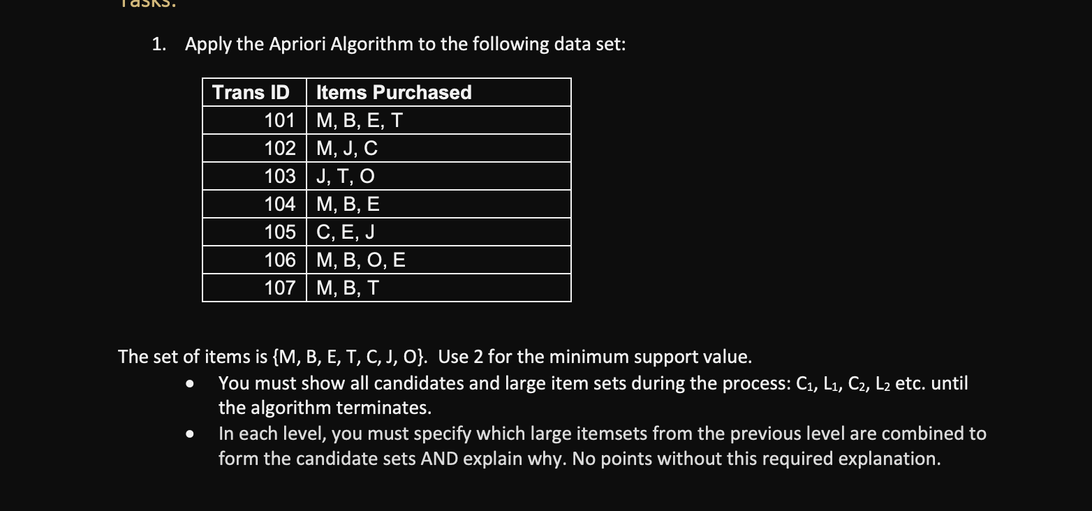 1 Apply The Apriori Algorithm To The Following Data