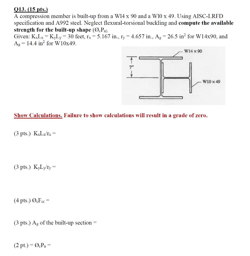 Solved Q13. (15 pts.) A compression member is built-up from | Chegg.com