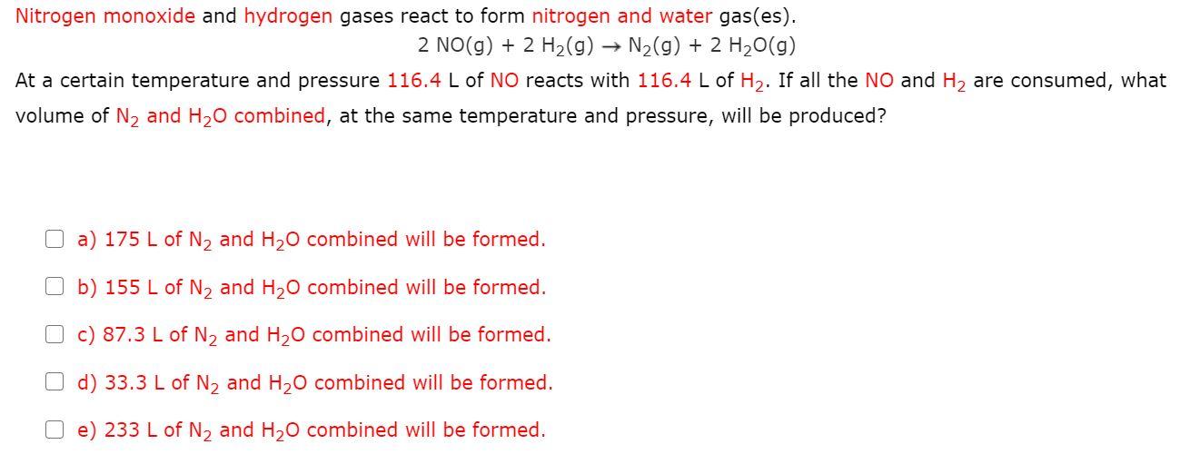 Solved Nitrogen monoxide and hydrogen gases react to form | Chegg.com