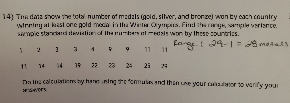 Solved 14) The data show the total number of medals (gold, | Chegg.com