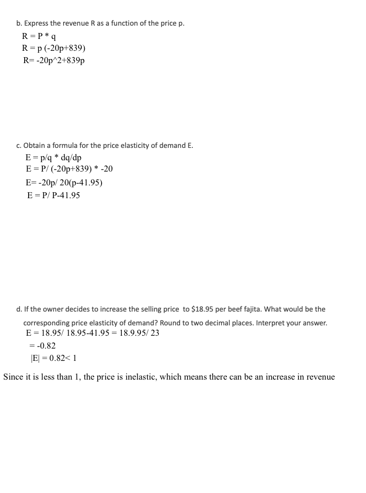 Solved Example Demand for Beef Fajitas Sales figures show | Chegg.com