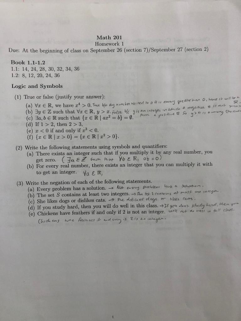 Solved Math 201 Homework 1 Due At The Beginning Of Class On