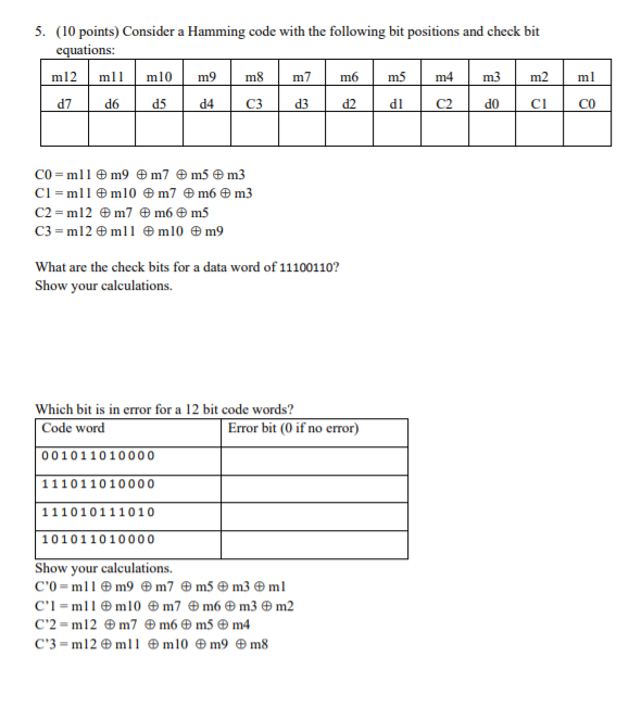 Solved 5. (10 points) Consider a Hamming code with the | Chegg.com