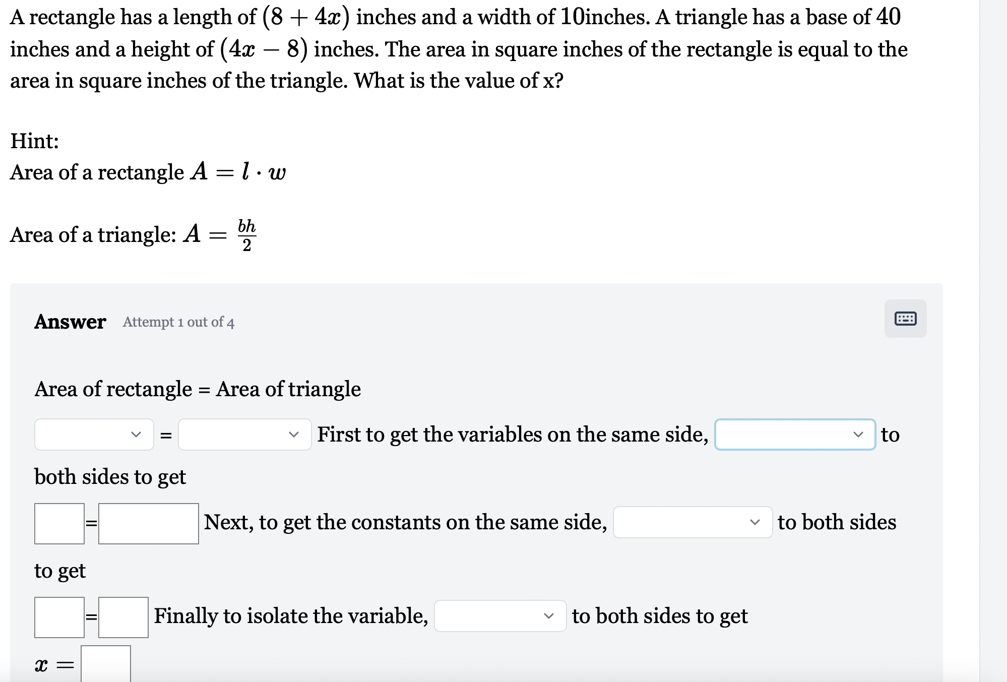 Solved A rectangle has a length of (8+4x) inches and a width | Chegg.com