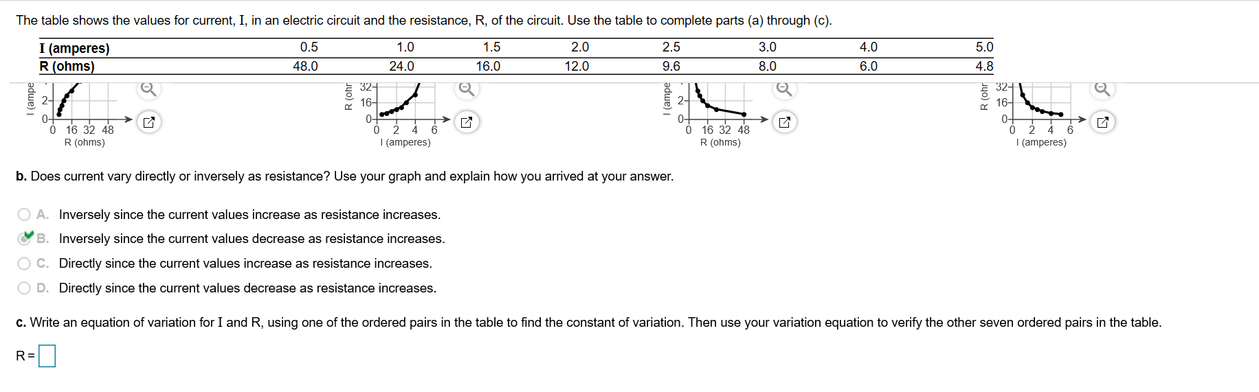 Solved The table shows the values for current, I, in an | Chegg.com
