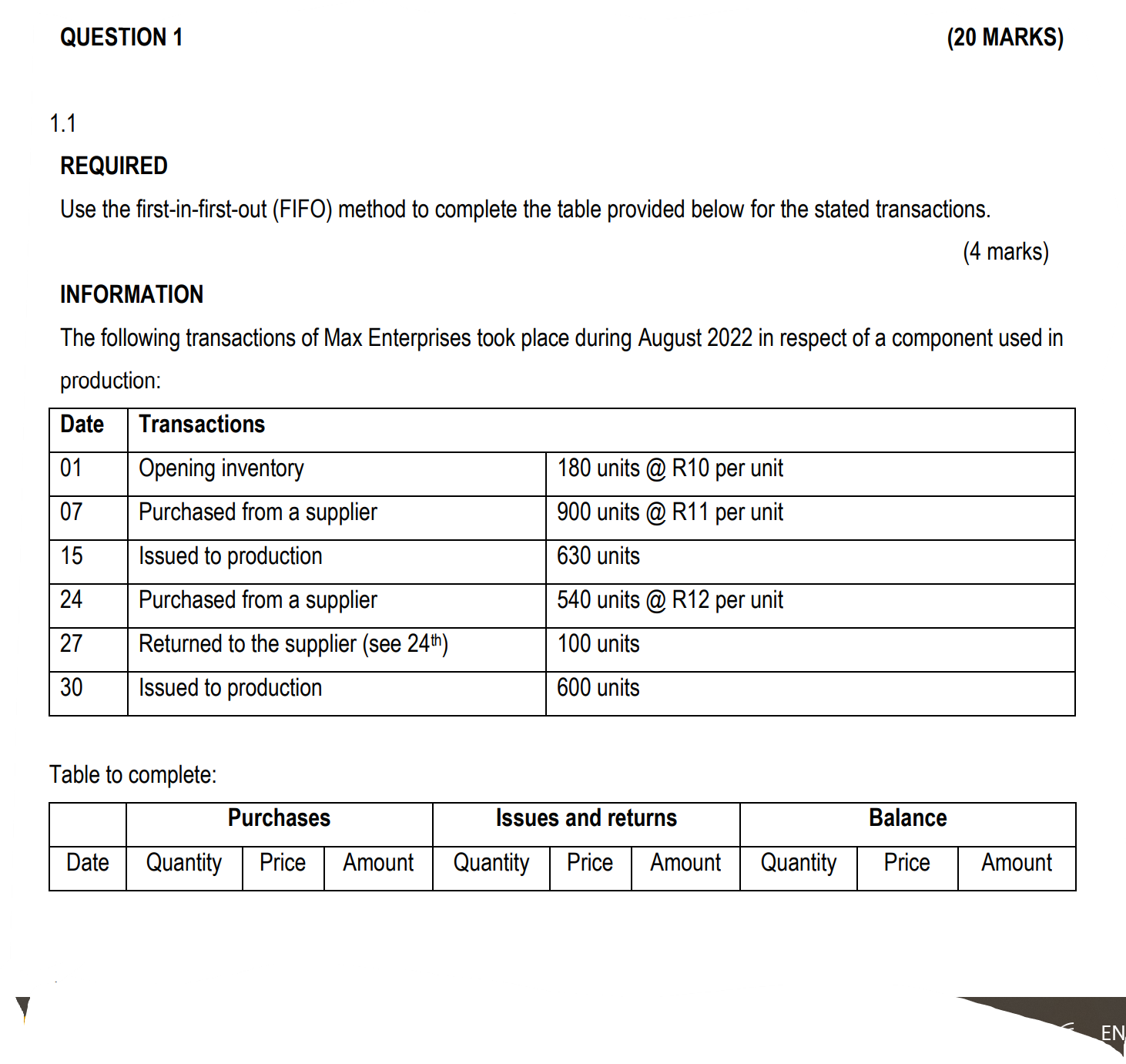 Required Use The First In First Out Fifo Method To