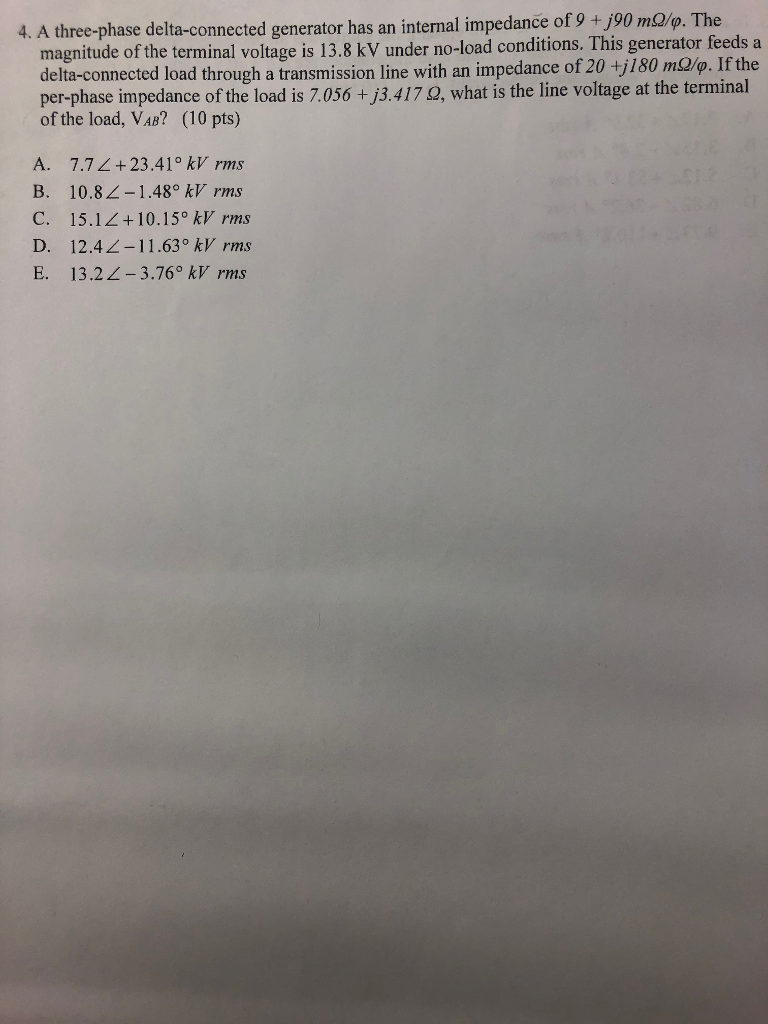 4. A three-phase delta-connected generator has an | Chegg.com
