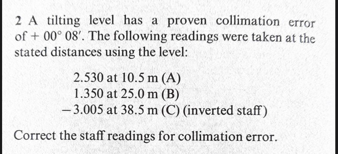 Solved 2 A tilting level has a proven collimation error of + | Chegg.com