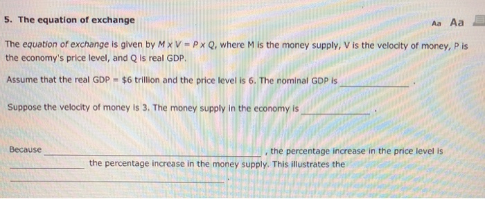 Solved 5. The equation of exchange Aa Aa The equation of | Chegg.com