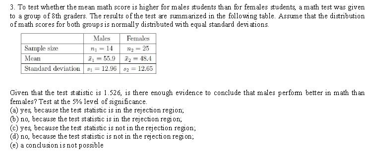 Solved 3. To test whether the mean math score is higher for | Chegg.com