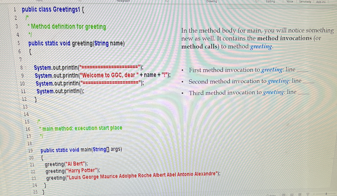 Solved Method definition for greeting *) public static void | Chegg.com