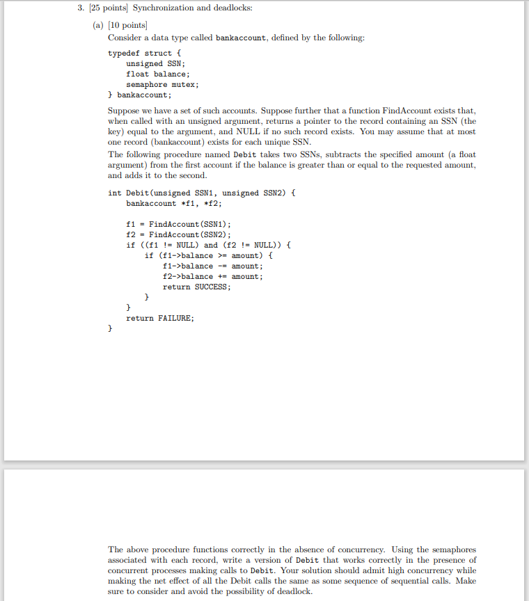 3. [25 points) Synchronization and deadlocks: (a) (10 | Chegg.com