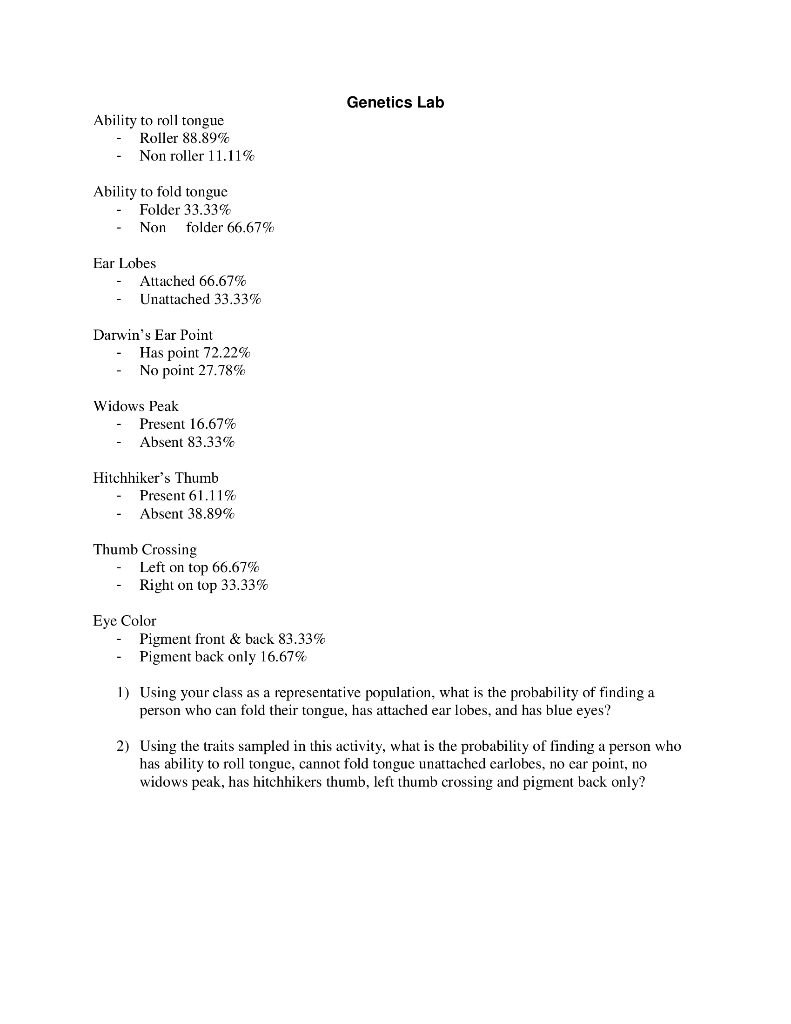 Solved Genetics Lab Ability to roll tongue - Roller 88.89% - | Chegg.com
