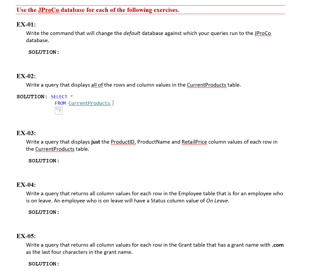 Solved Use the JProCo database for each of the following | Chegg.com