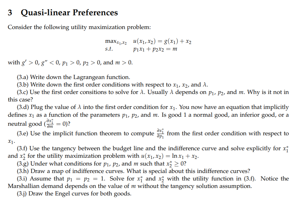 Solved 3 Quasi-linear Preferences Consider the following | Chegg.com