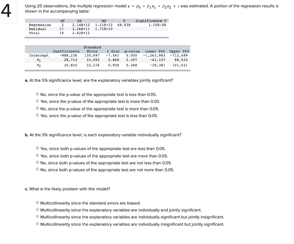 Solved Using 20 observations, the multiple regression model | Chegg.com