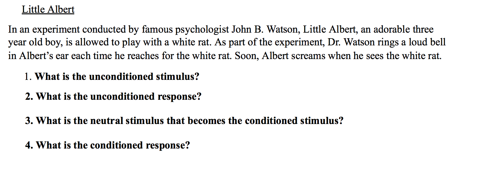 Solved Little Albert In an experiment conducted by famous | Chegg.com