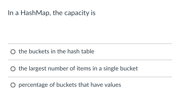 Solved In a HashMap, the capacity is O the buckets in the | Chegg.com