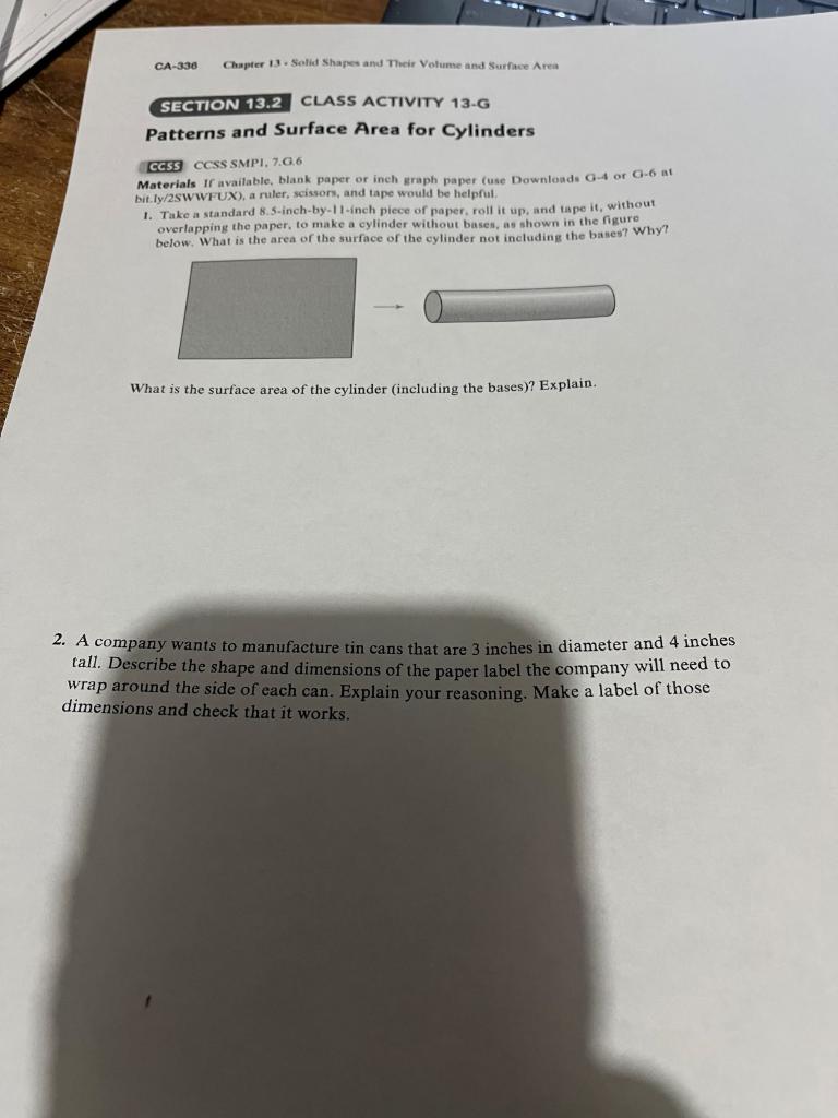 Solved Patterns and Surface Area for Cylinders CCSS CCss | Chegg.com