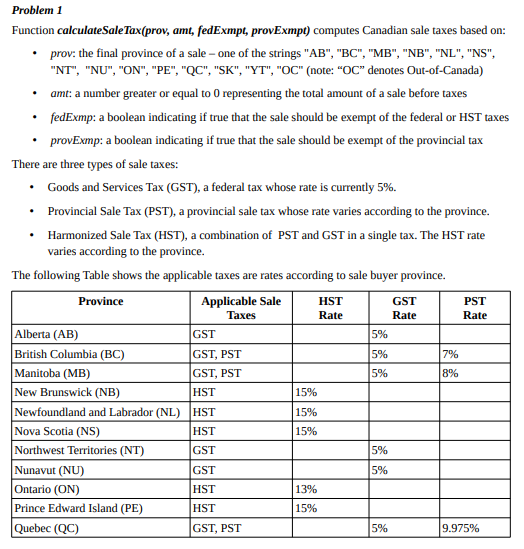 Problem 1 Function calculateSale Tax (prov, amt, | Chegg.com