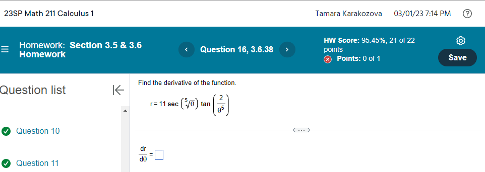 Solved 23SP Math 211 Calculus 1 = Homework: Section 3.583.6 | Chegg.com