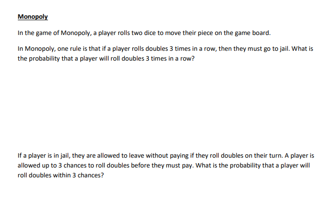 Solved MonopolyIn the game of Monopoly, a player rolls two | Chegg.com