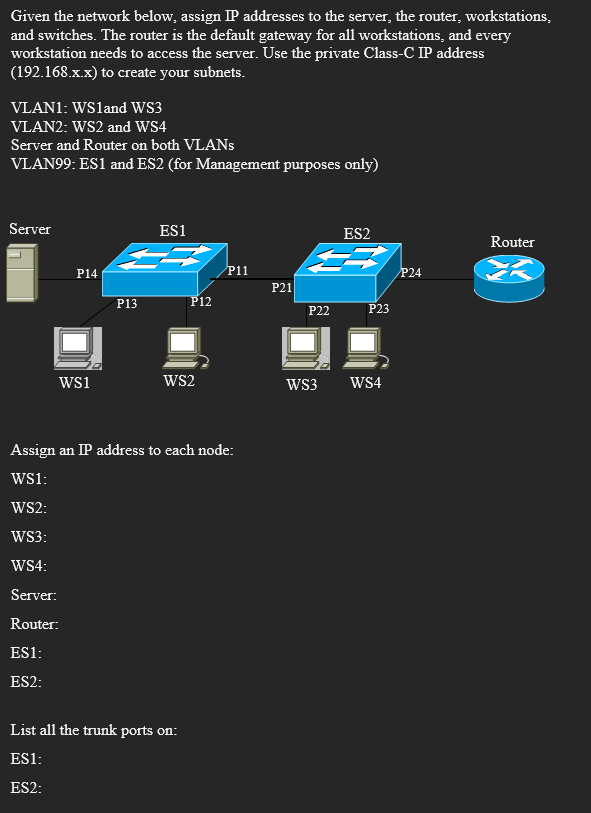 Solved Given the network below, assign IP addresses to the | Chegg.com