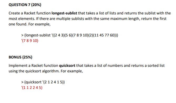 Solved QUESTION 7 (20\%) Create a Racket function | Chegg.com Solved QUESTION 7 (20\%) Create a Racket function | Chegg.com