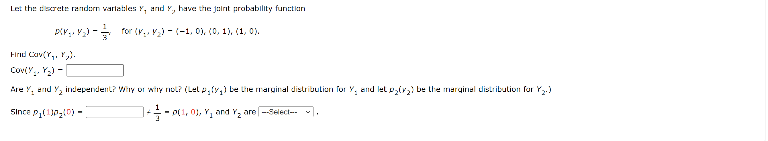 Solved Let the discrete random variables Y1 and Y2 have the | Chegg.com