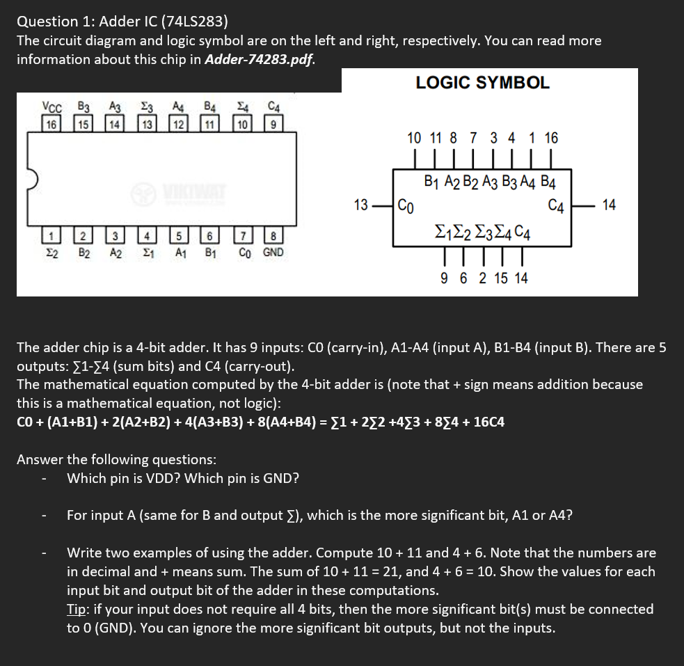 Solved Problem Adder IC (74LS283) The Circuit Diagram And, 60% OFF