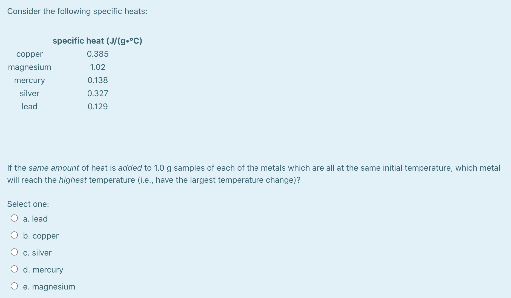 Solved Consider the following specific heats: specific heat | Chegg.com