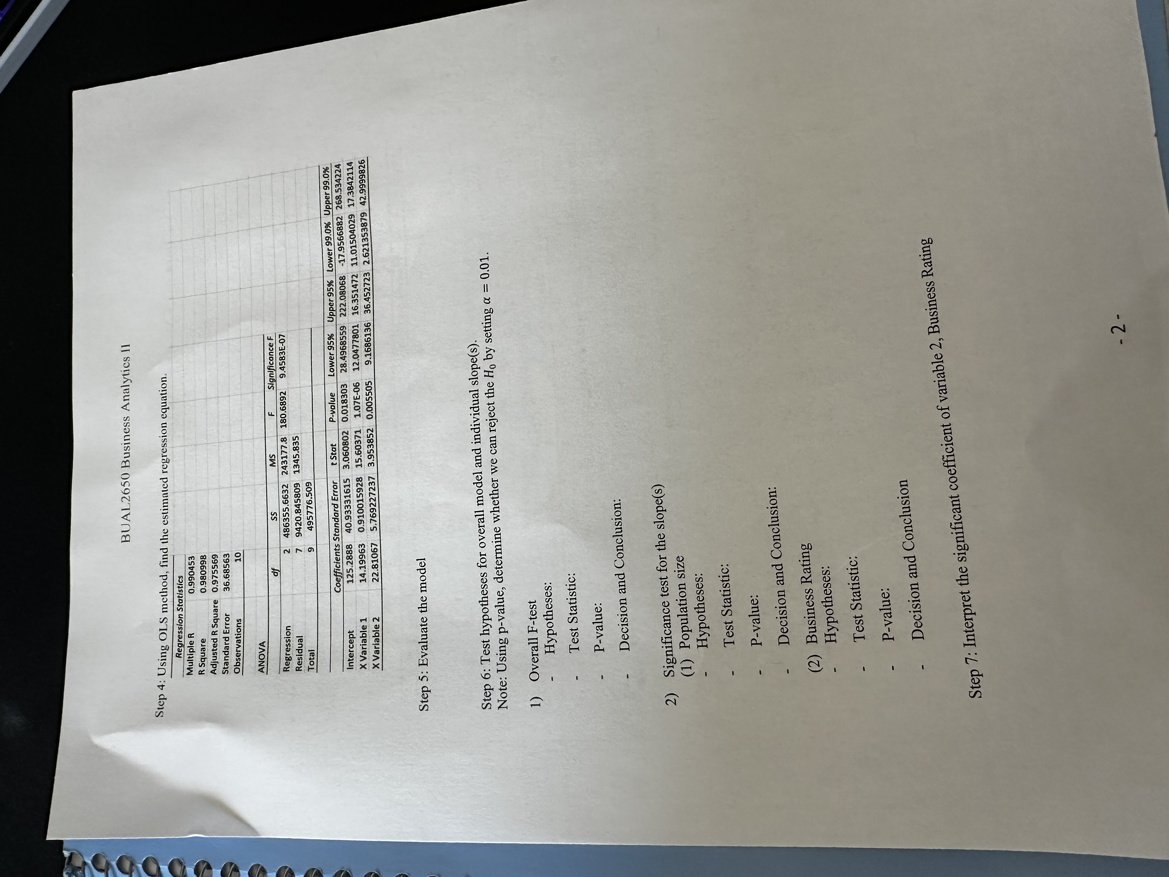 Solved BUAL2650 ﻿Business Analytics IIStep 4: Using OLS | Chegg.com
