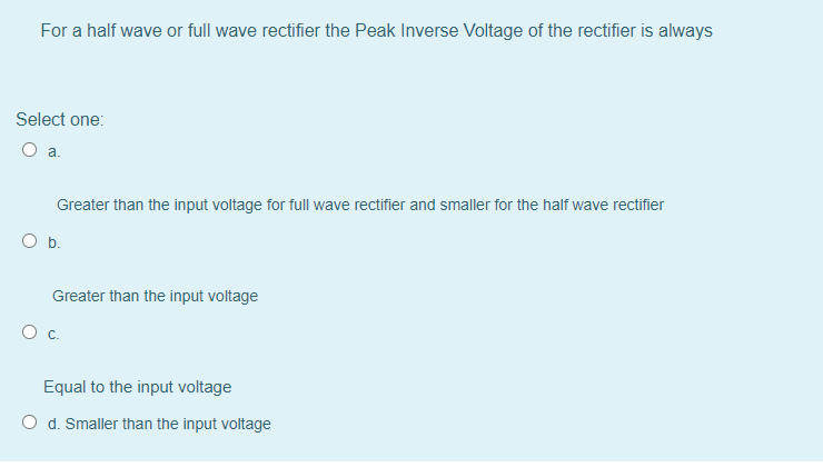 Solved For a half wave or full wave rectifier the Peak | Chegg.com