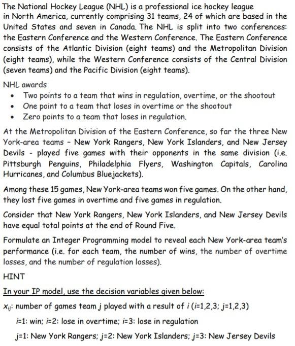 The National Hockey League (NHL) is a professional | Chegg.com