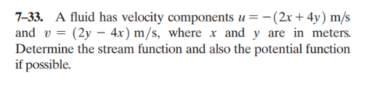 Solved 7–33. A fluid has velocity components u=-(2x + 4y) | Chegg.com