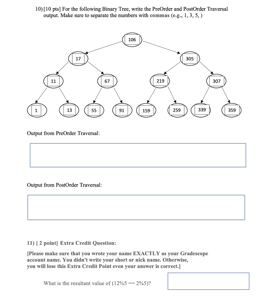 Solved 10) [10 pts] For the following Binary Tree, write the | Chegg.com